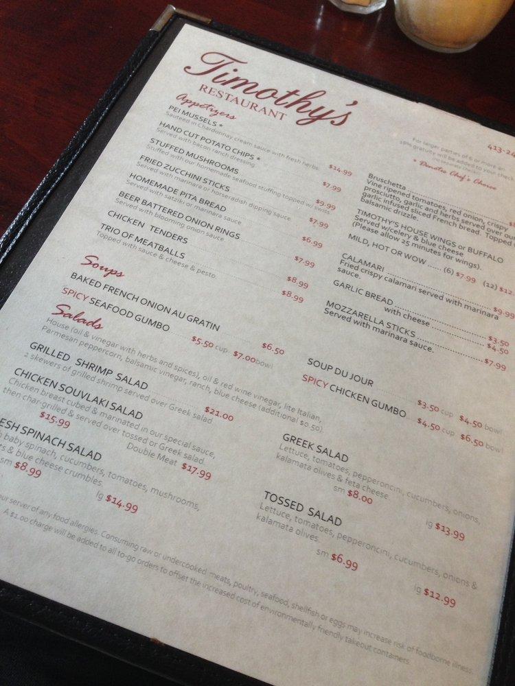 Menu at Timothy's Restaurant & Pizzeria, Lee