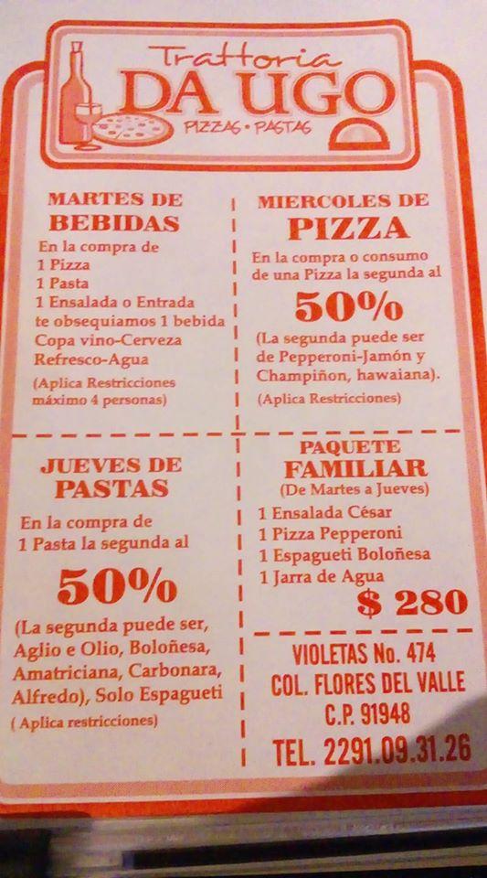 Carta del restaurante Trattoria Da Ugo, Veracruz, Pinzón entre Martí e ...