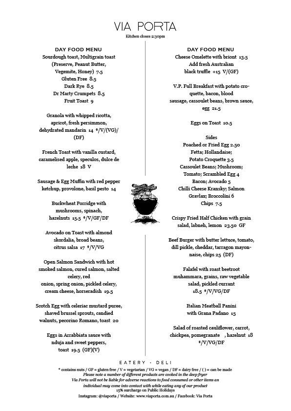 Menu at Via Porta Eatery-Deli restaurant, Mont Albert
