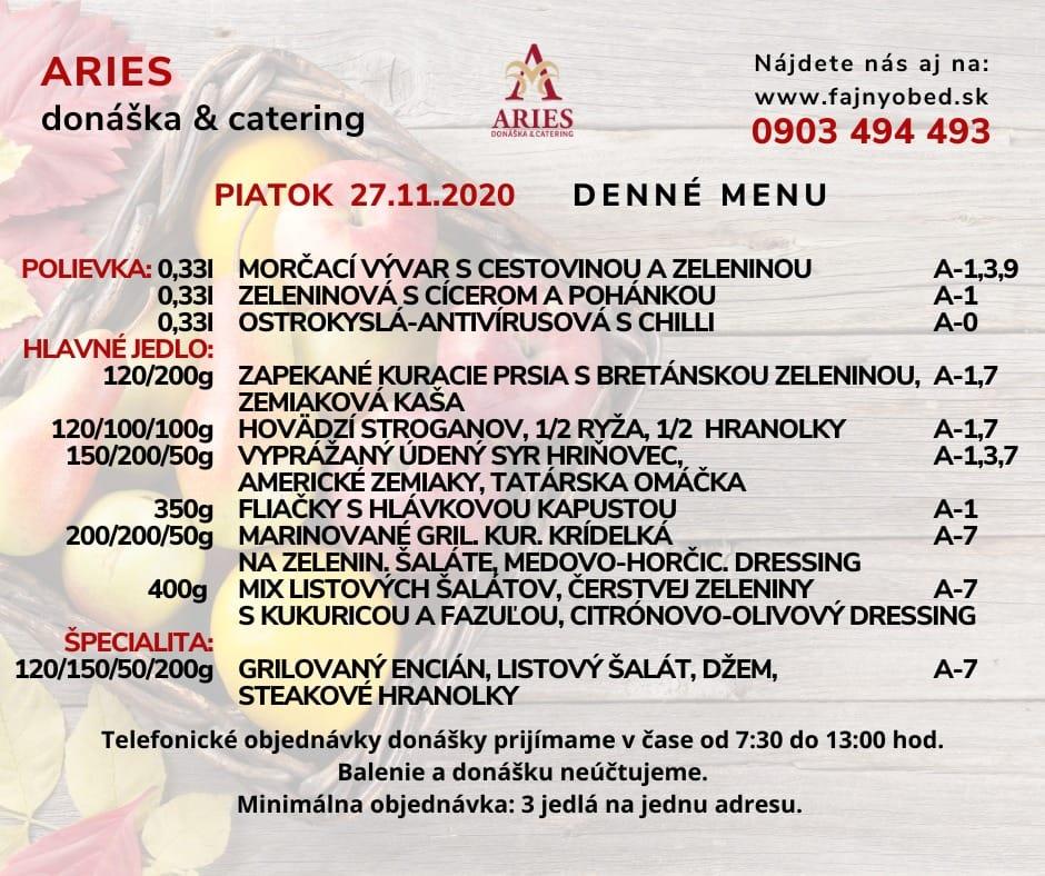 Menu at ARIES donáška & catering restaurant, Košice