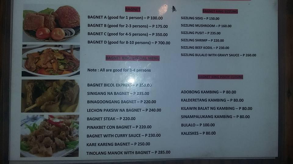 Menu at Bagnet King restaurant, San Carlos City