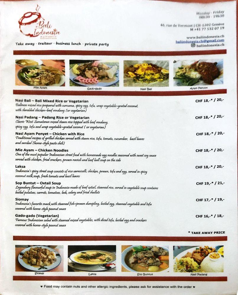 Menu at Bali Indonesian Restaurant, Geneva