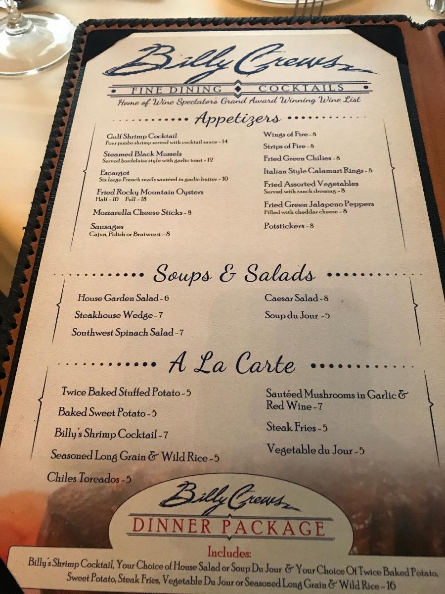 Menu at Billy Crews Fine Dining pub & bar, Santa Teresa