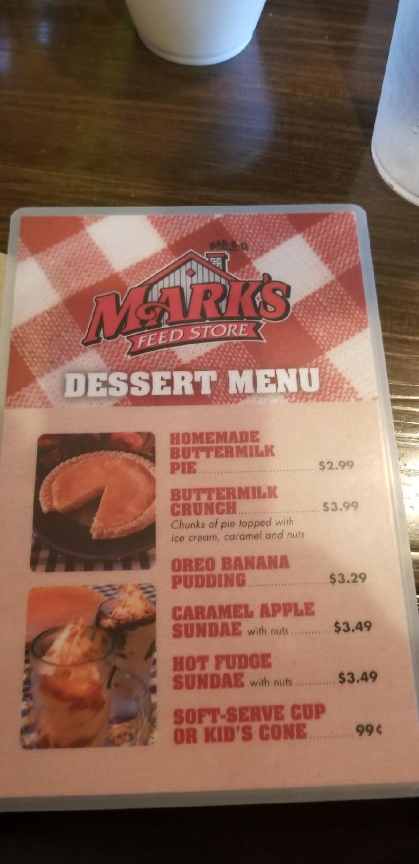 Menu at Mark's Feed Store BBQ, Elizabethtown, N Dixie Hwy