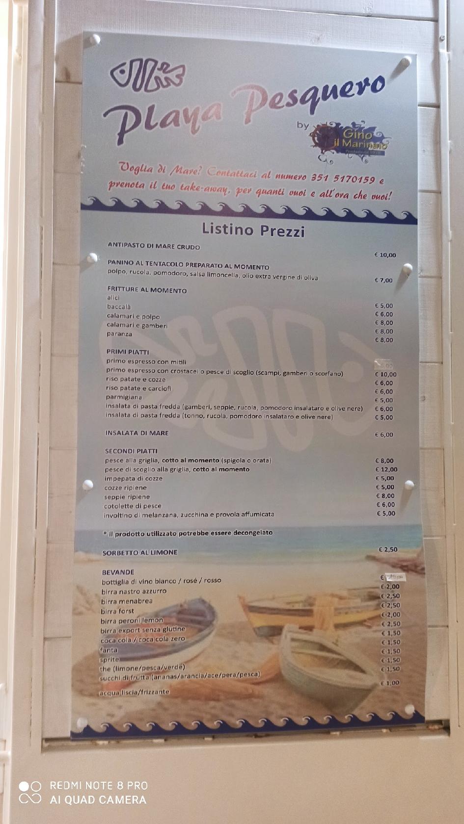 Menu at Playa Pesquero restaurant, Bari