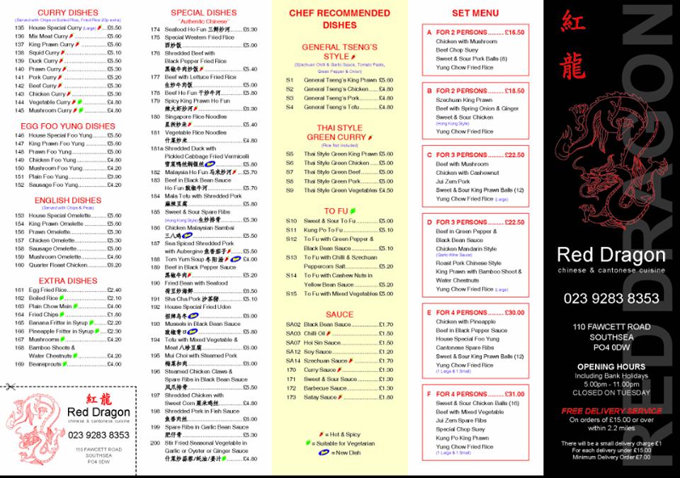 Menu at Red Dragon fast food, Portsmouth