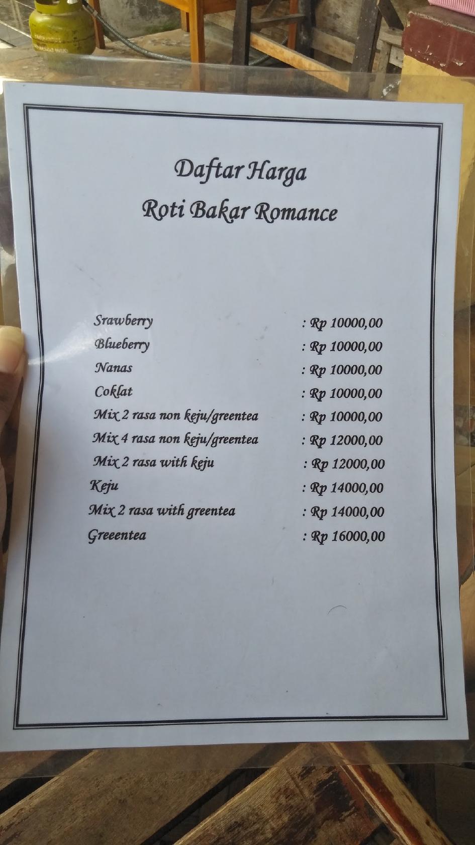 Menu at Roti Bakar Romance, Klaten