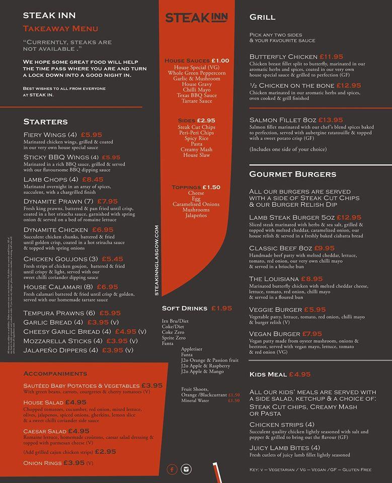 Menu at Steak Inn restaurant, Glasgow