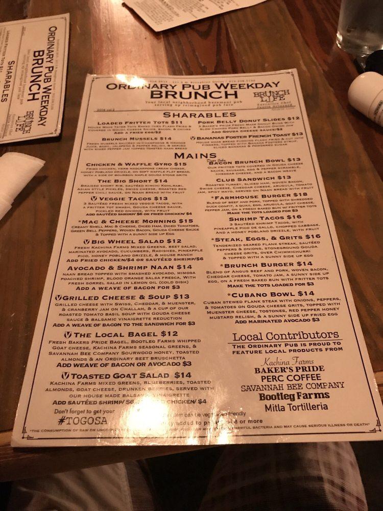 Menu at The Ordinary Pub, Savannah