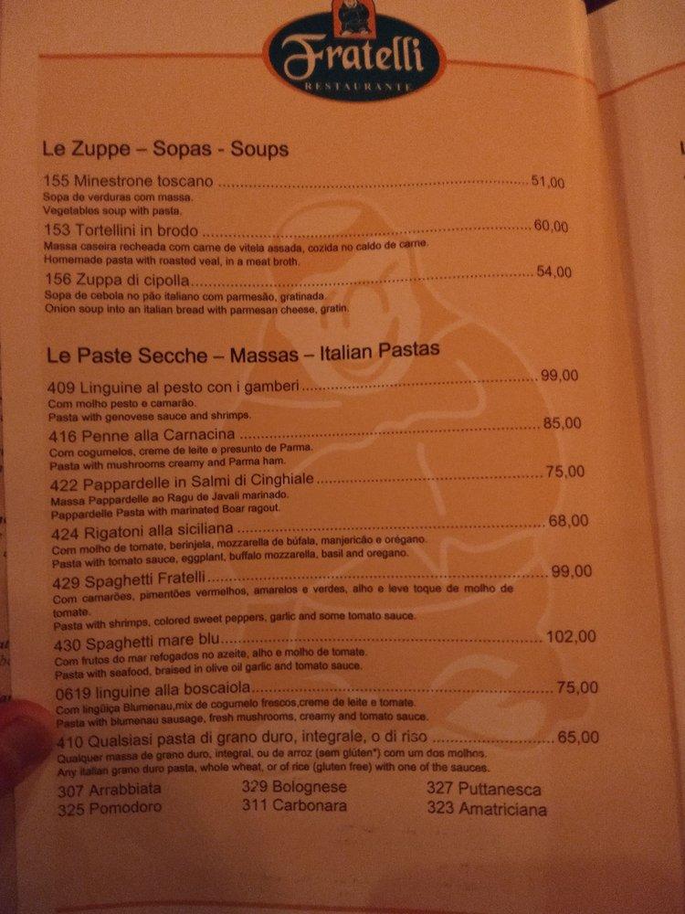 Menu em Fratelli restaurante, Rio de Janeiro, Av. Lúcio Costa
