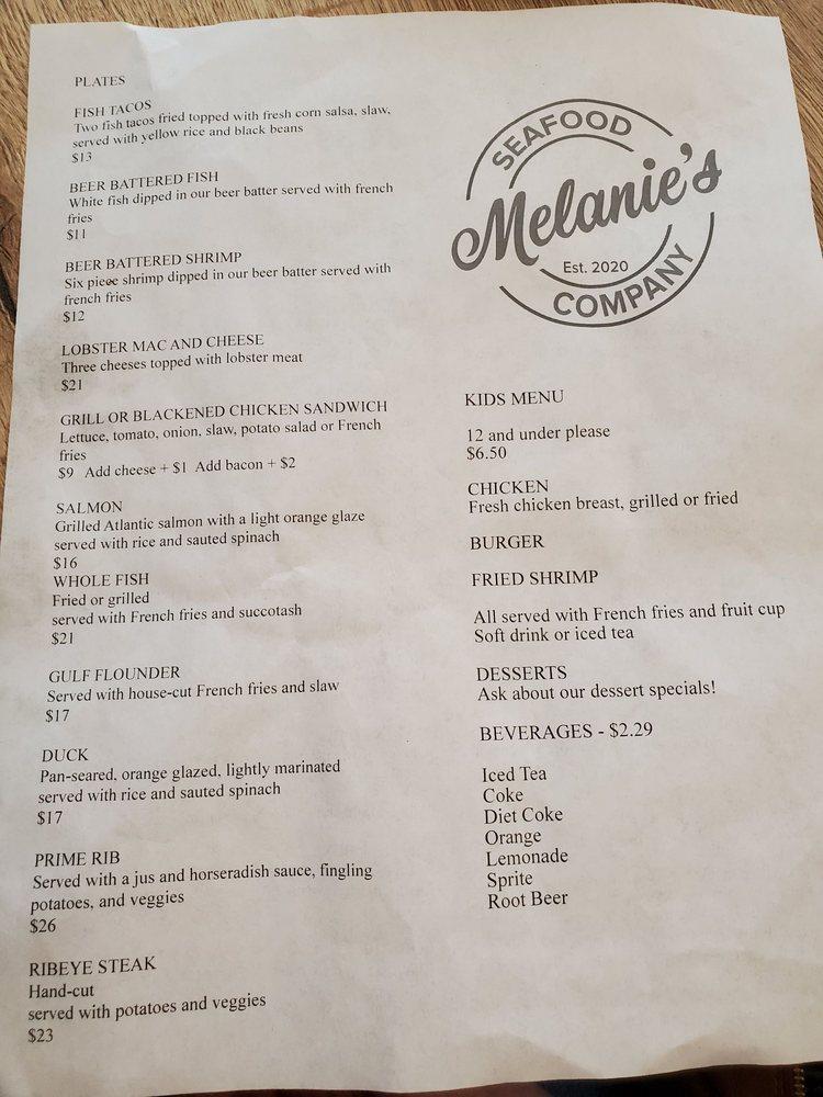 Menu at Melanie's Seafood Company restaurant, Lake Wales