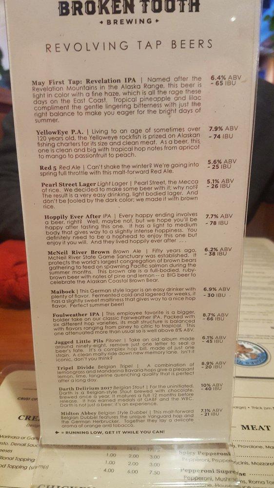 Menu at Moose's Tooth Pub & Pizzeria, Anchorage