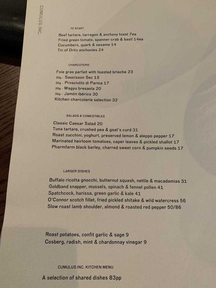 Menu at Cutler & Co. restaurant, Fitzroy