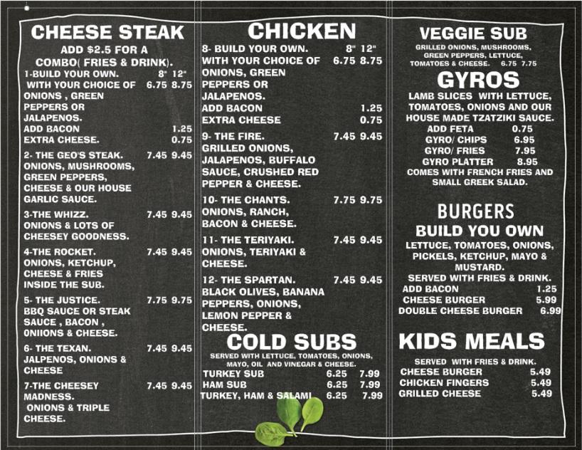 Menu at Geo's Philly Steak Grill cafe, Conway, SC-544