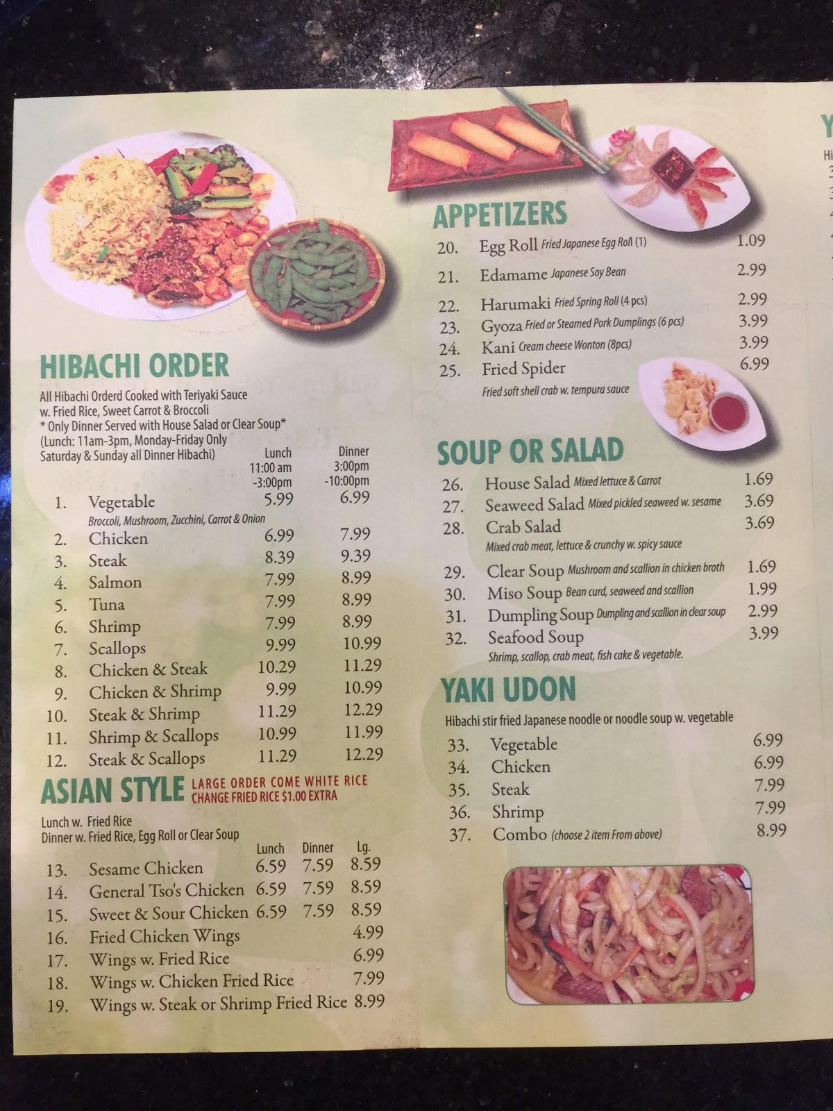 Menu at Hibachi Express restaurant, Laurel
