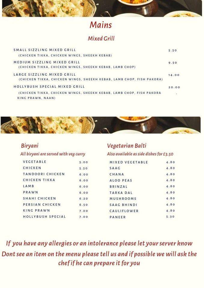 Menu at Hollybush pub & bar, Coventry, 270 Holbrook Ln