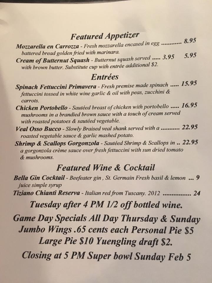 Menu at La Bella Via pub & bar, Phillipsburg