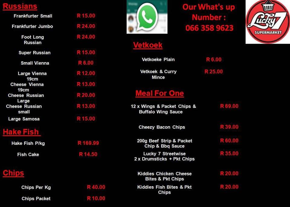 Menu at Lucky 7 Stilfontein Stilfontein restaurant, Stilfontein