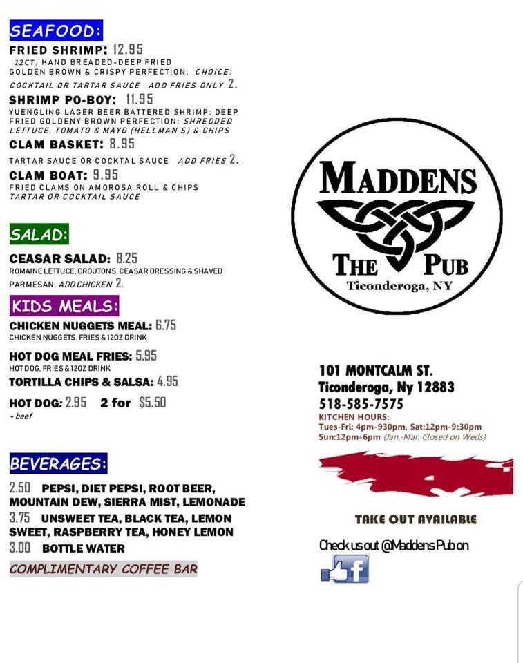 Menu at Maddens Pub, Ticonderoga