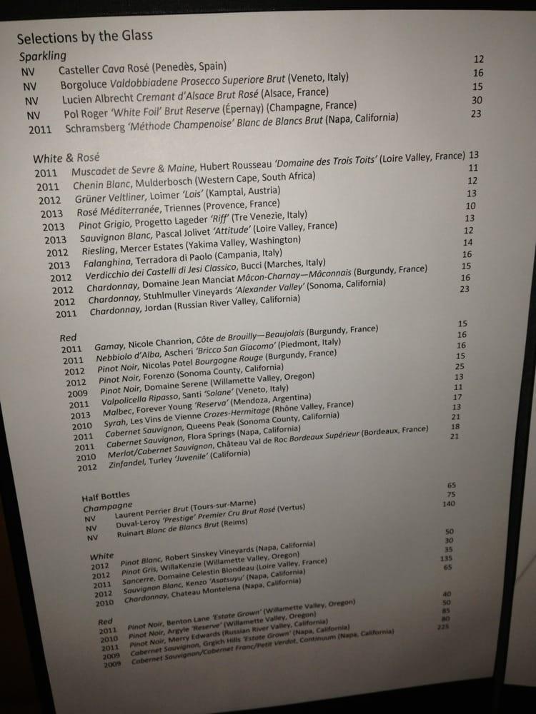 Menu at Ostra restaurant, Boston