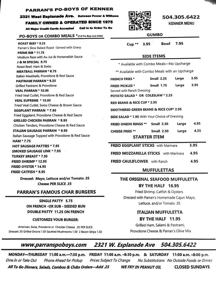 Menu at Parran's Po-Boys of Kenner restaurant, Kenner, W Esplanade Ave ...