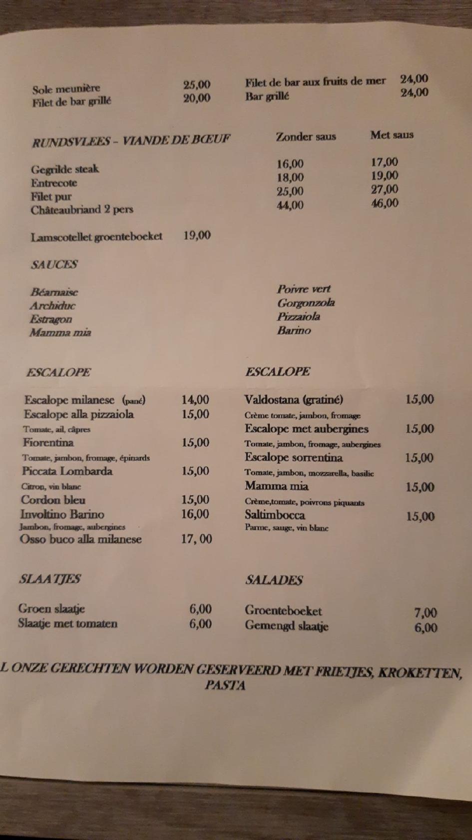 Menu at BARINO, Vilvoorde