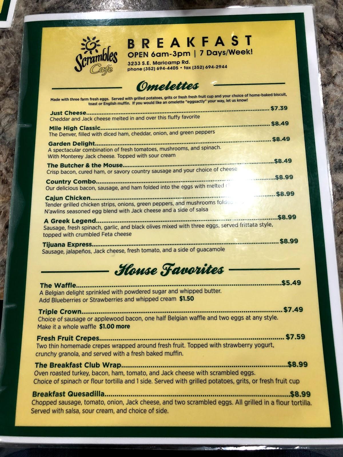 Menu at Scrambles Cafe, Ocala, SE Maricamp Rd