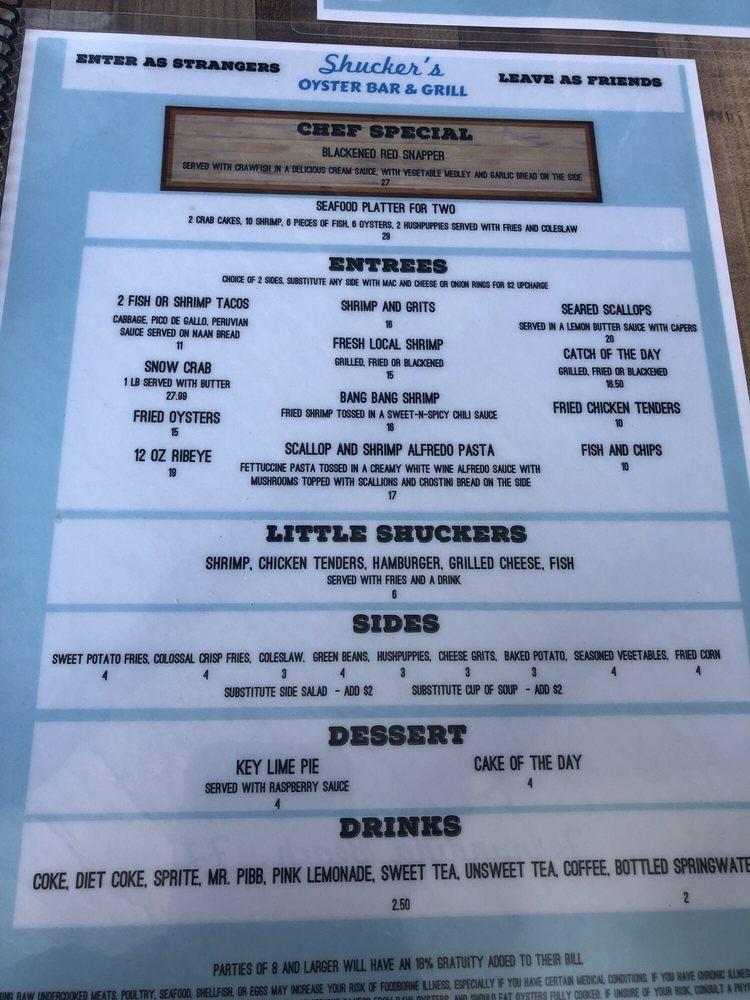 Menu at Shucker's Oyster Bar, Fernandina Beach, Old Nassauville Rd