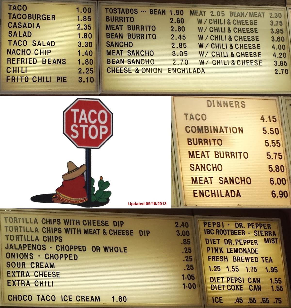 Menu at Taco Stop restaurant, Ponca City