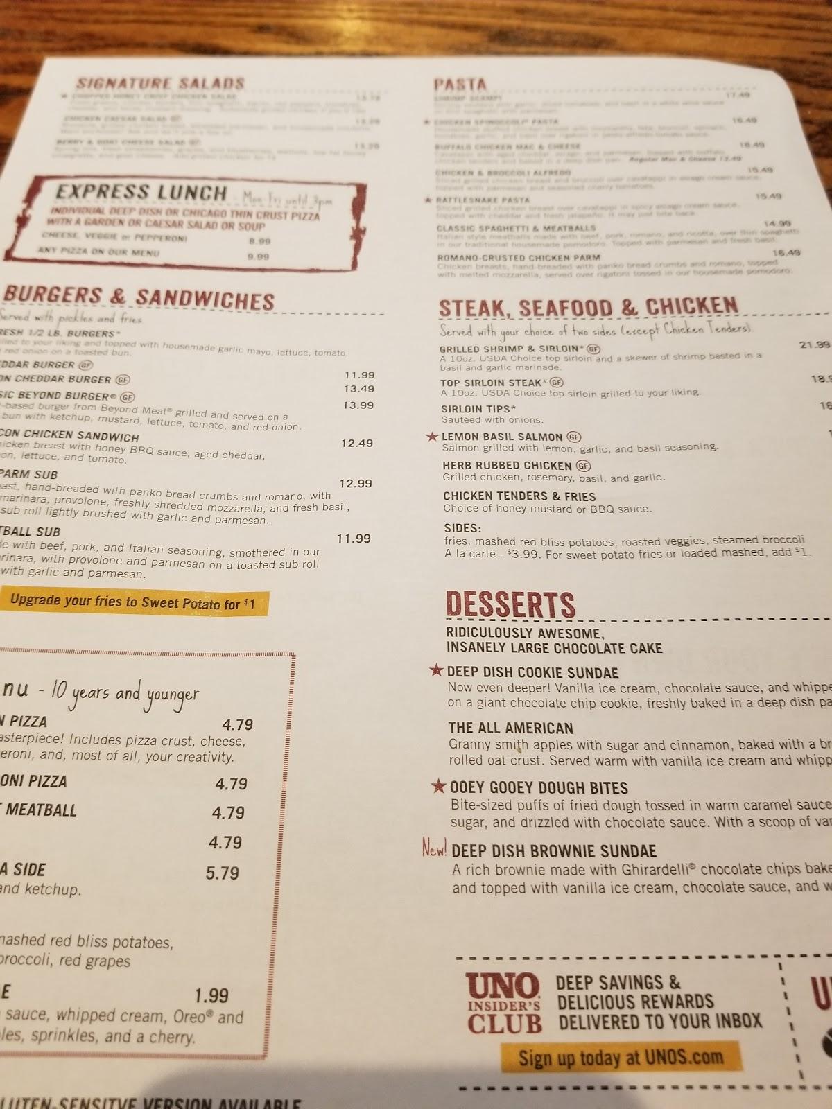 Menu at UNO Pizzeria & Grill, Dedham, 270 Providence Hwy