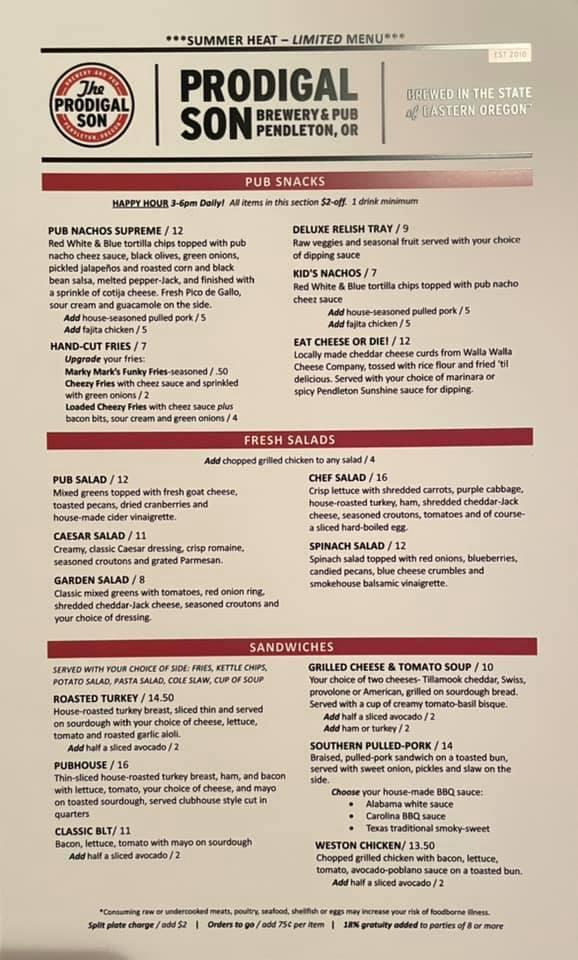 Menu at Prodigal Son Brewery & Pub, Pendleton