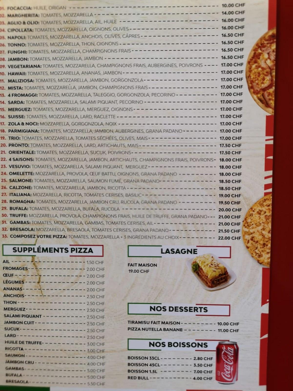 Speisekarte von Pizza Pronto, Villeneuve Vd