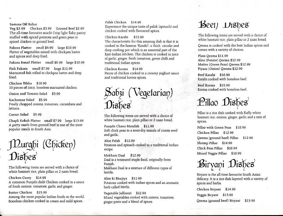 Menu at Punjab Spices restaurant, Sydney