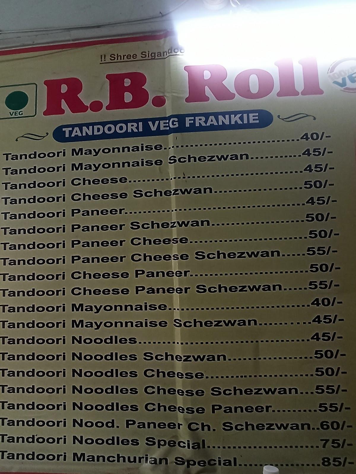 Menu at RB Rolls, Kalyan