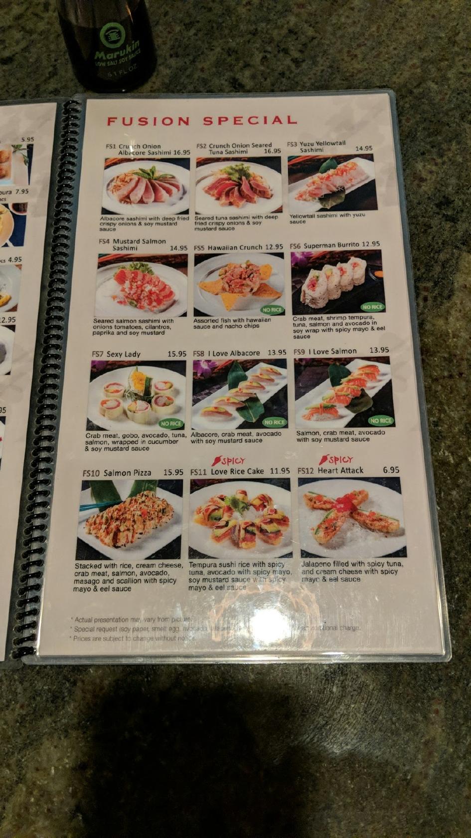 Menu at Sugoi Sushi restaurant, Los Banos