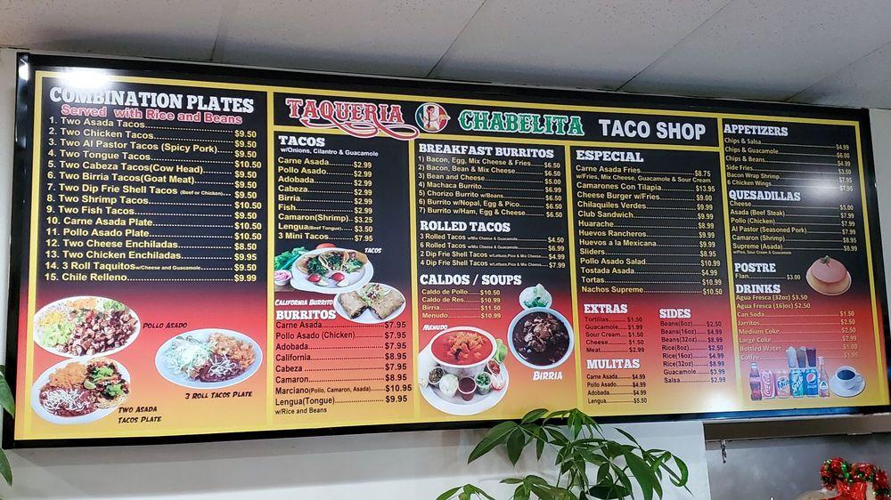 Menu at Taqueria Chabelita Taco Shop restaurant, Vista