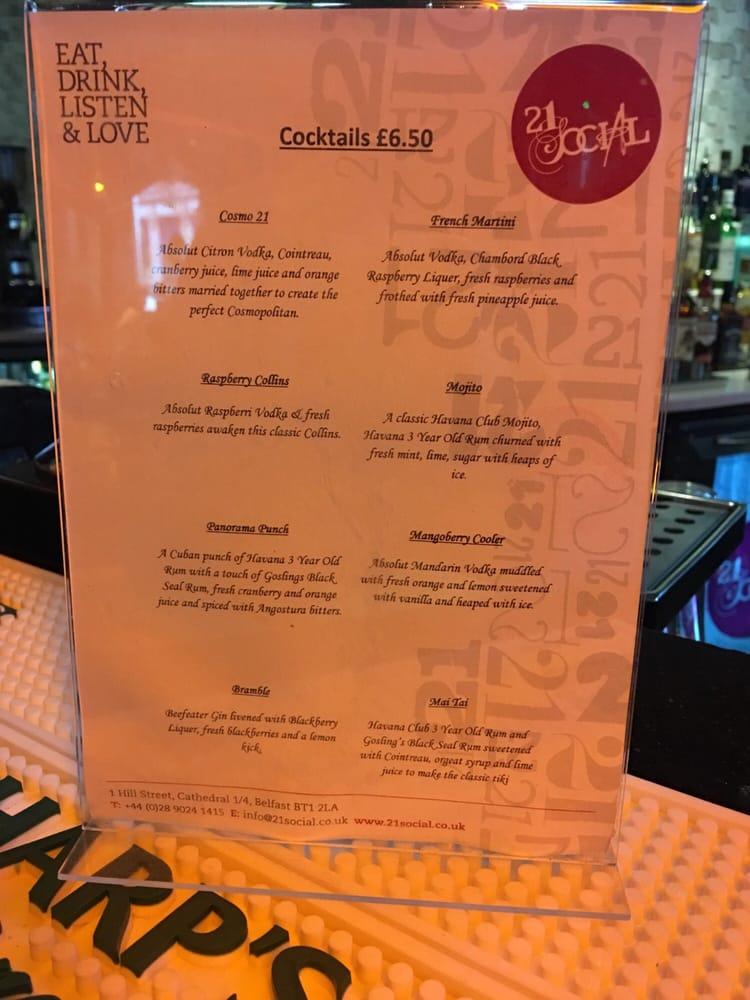 Menu at 21 Social pub & bar, Belfast