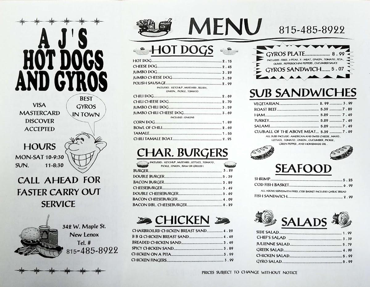 Menu at AJ's Hot Dogs, Subs & Gyros restaurant, New Lenox