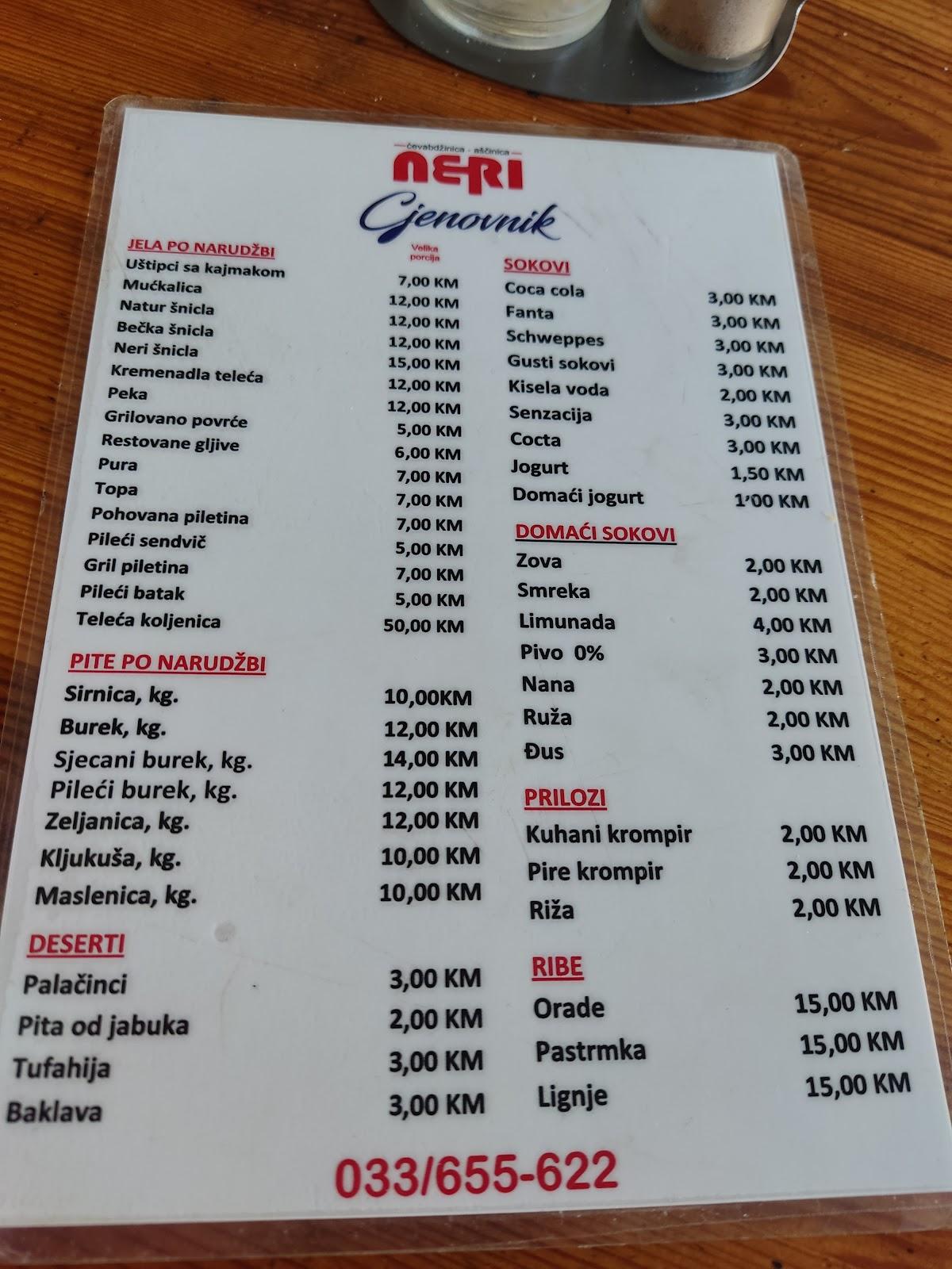 Menu at Ascinica NUR restaurant, Sarajevo