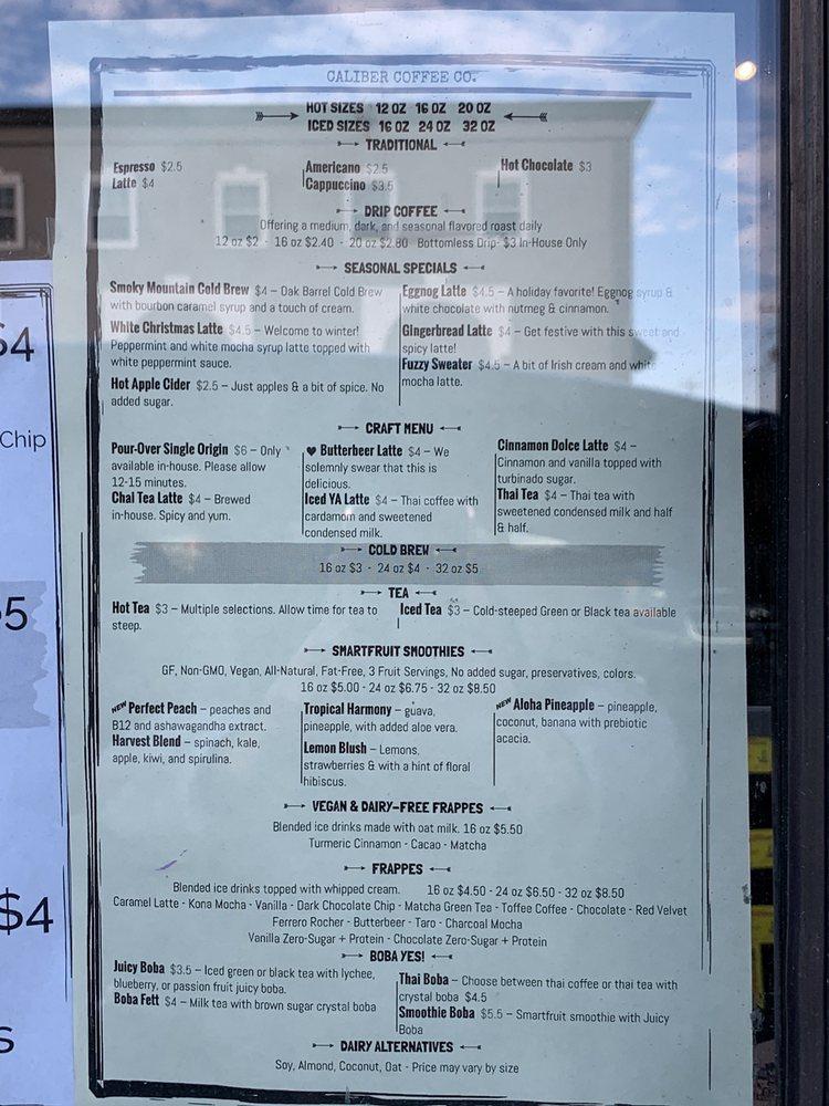 Menu at Caliber Coffee Co. cafe, Nashville
