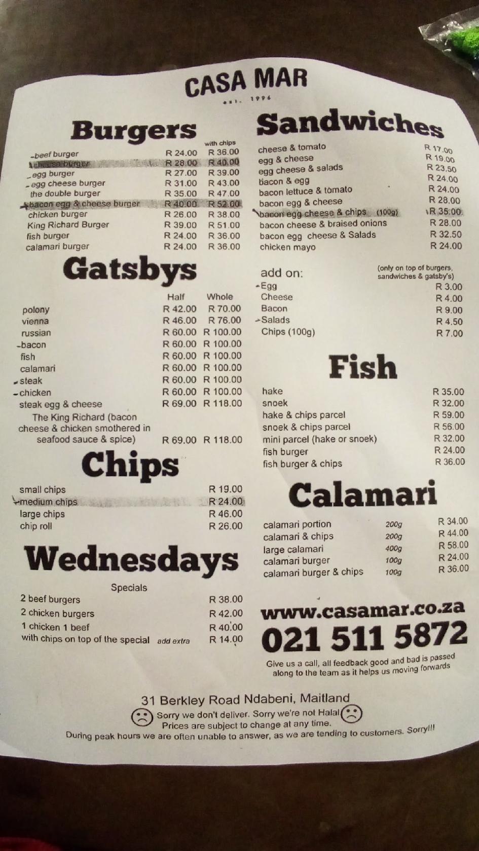 Menu at Casa Mar Fish &Take aways restaurant, Cape Town