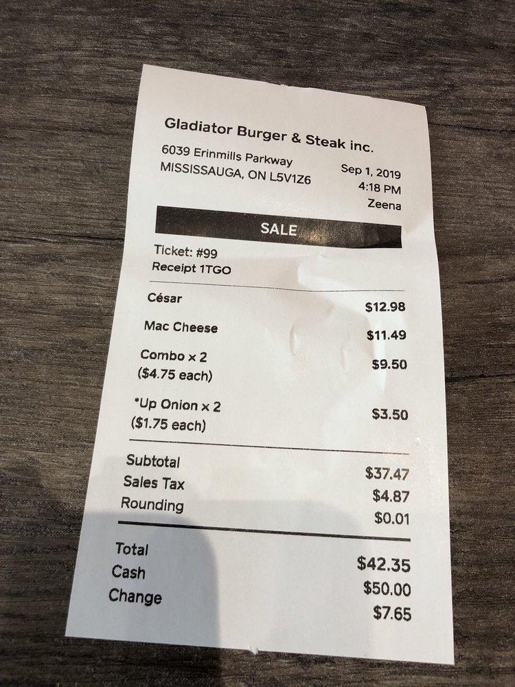 Menu at Gladiator Burger & Steak restaurant, Mississauga, Erin Mills Pkwy