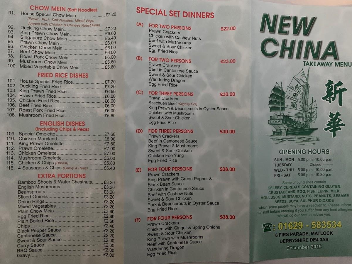 Menu at New China fast food, Matlock