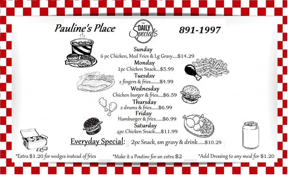 Menu at Pauline's Diner restaurant, Burin