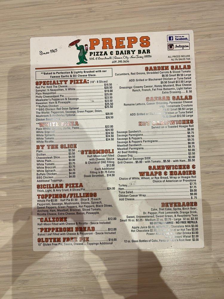 Carta de pizzería Preps Pizza, Ocean City