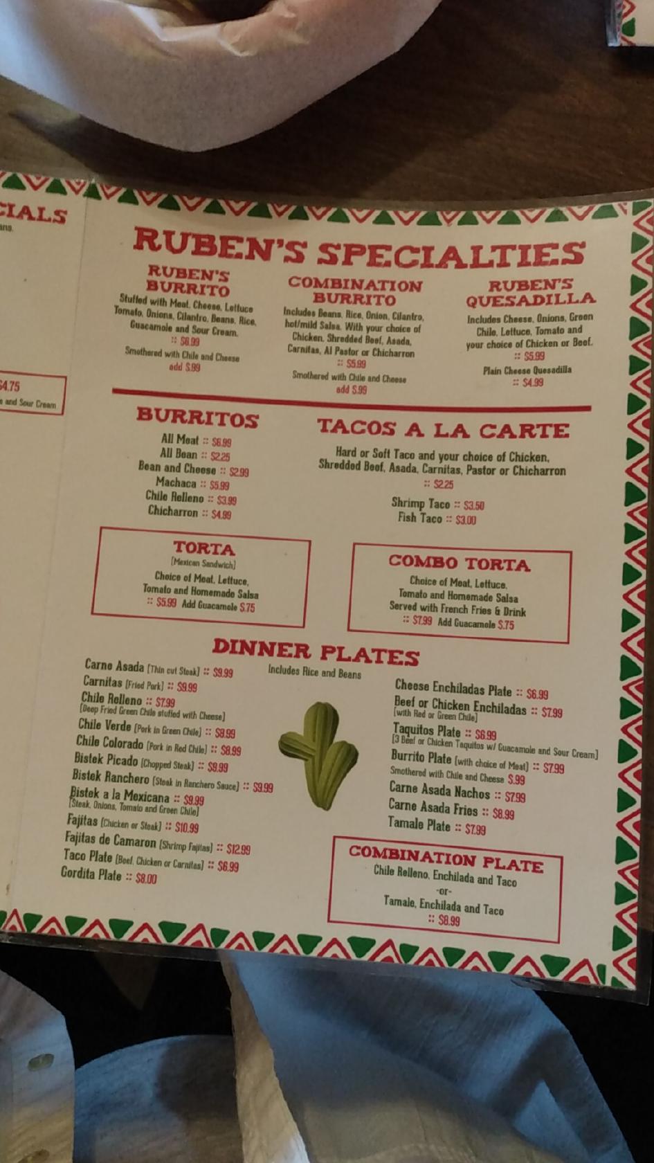 Menu at Ruben's Grill Mexican Restaurant, Albuquerque