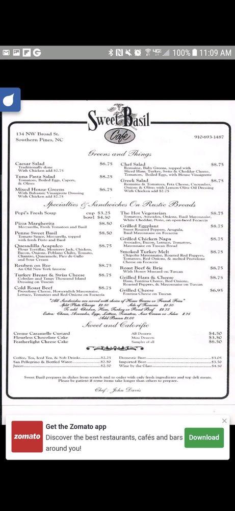 Menu at Sweet Basil restaurant, Southern Pines