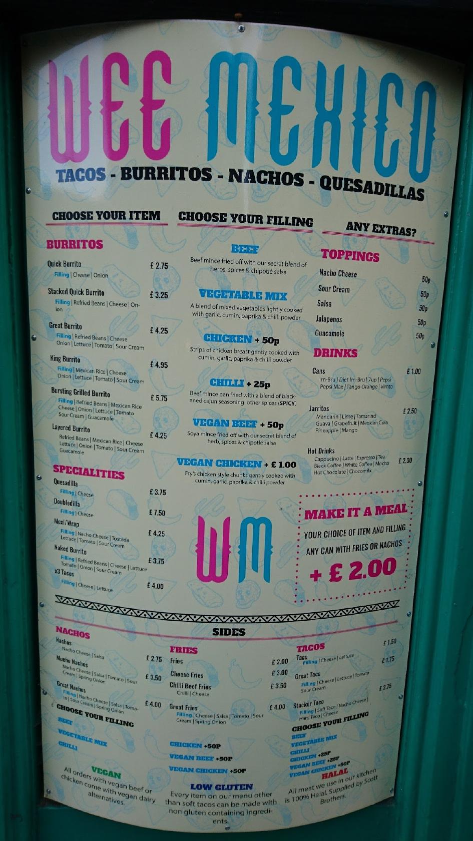 Menu at Wee Mexico restaurant, Dundee