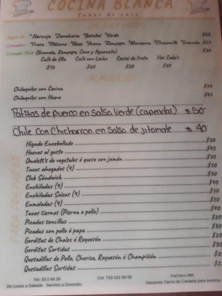 Menu at Cocina Blanca restaurant, Ignacio Ramírez