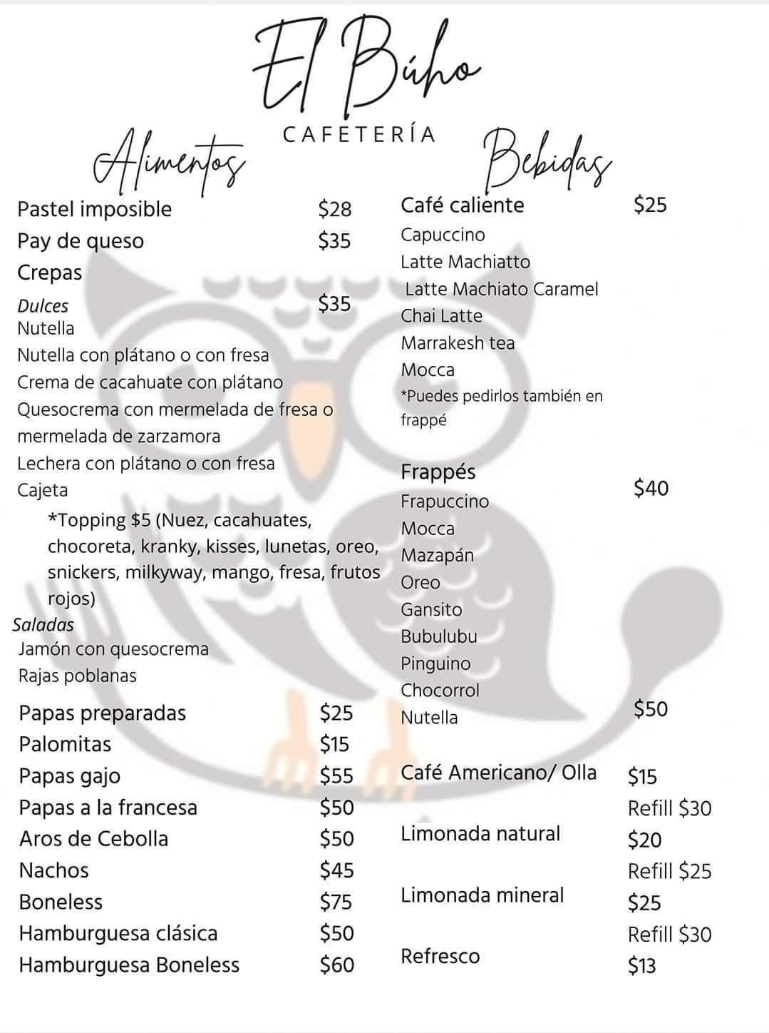 Menu at El Búho cafe, Gómez Palacio